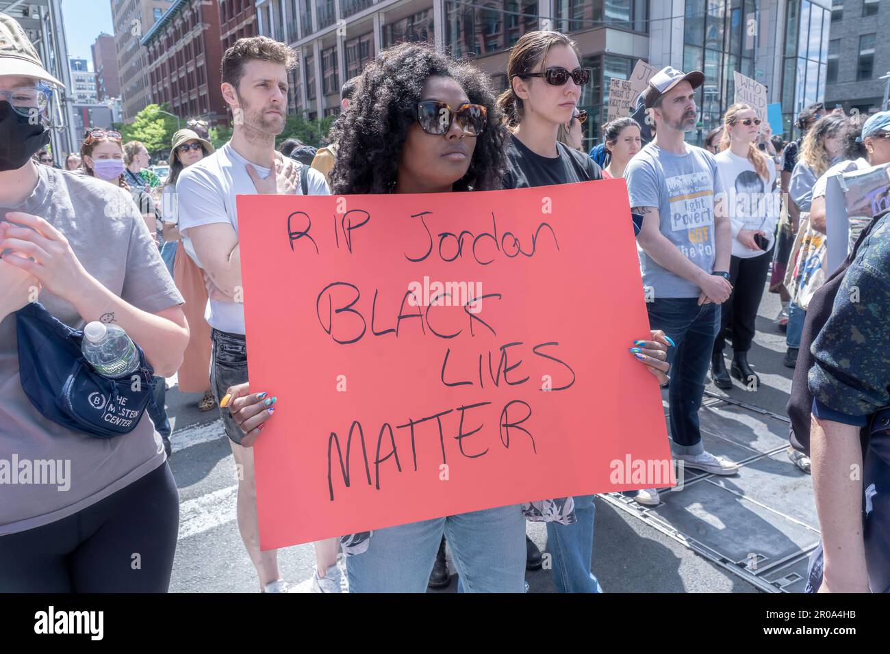 New York, USA. 06th May, 2023. Protester holds "Rip Jordan BLACKS LIVES ...