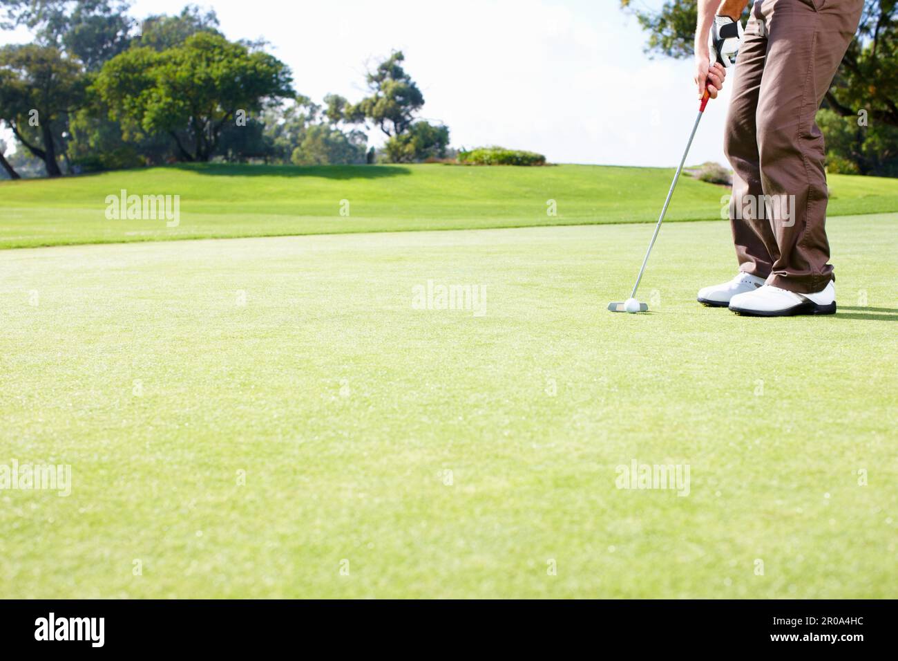 Male golfer putting the ball. Low section of golfer in position to putt ...
