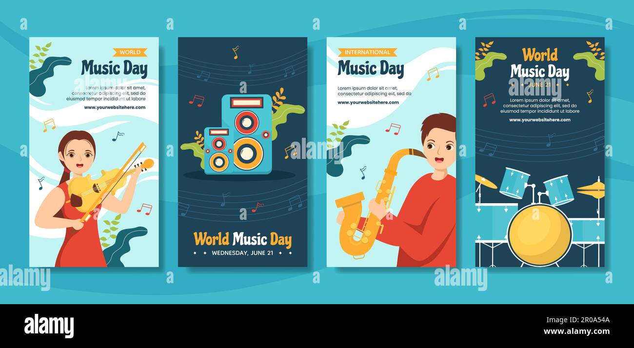 World Music Day Social Media Stories Flat Cartoon Hand Drawn Templates ...