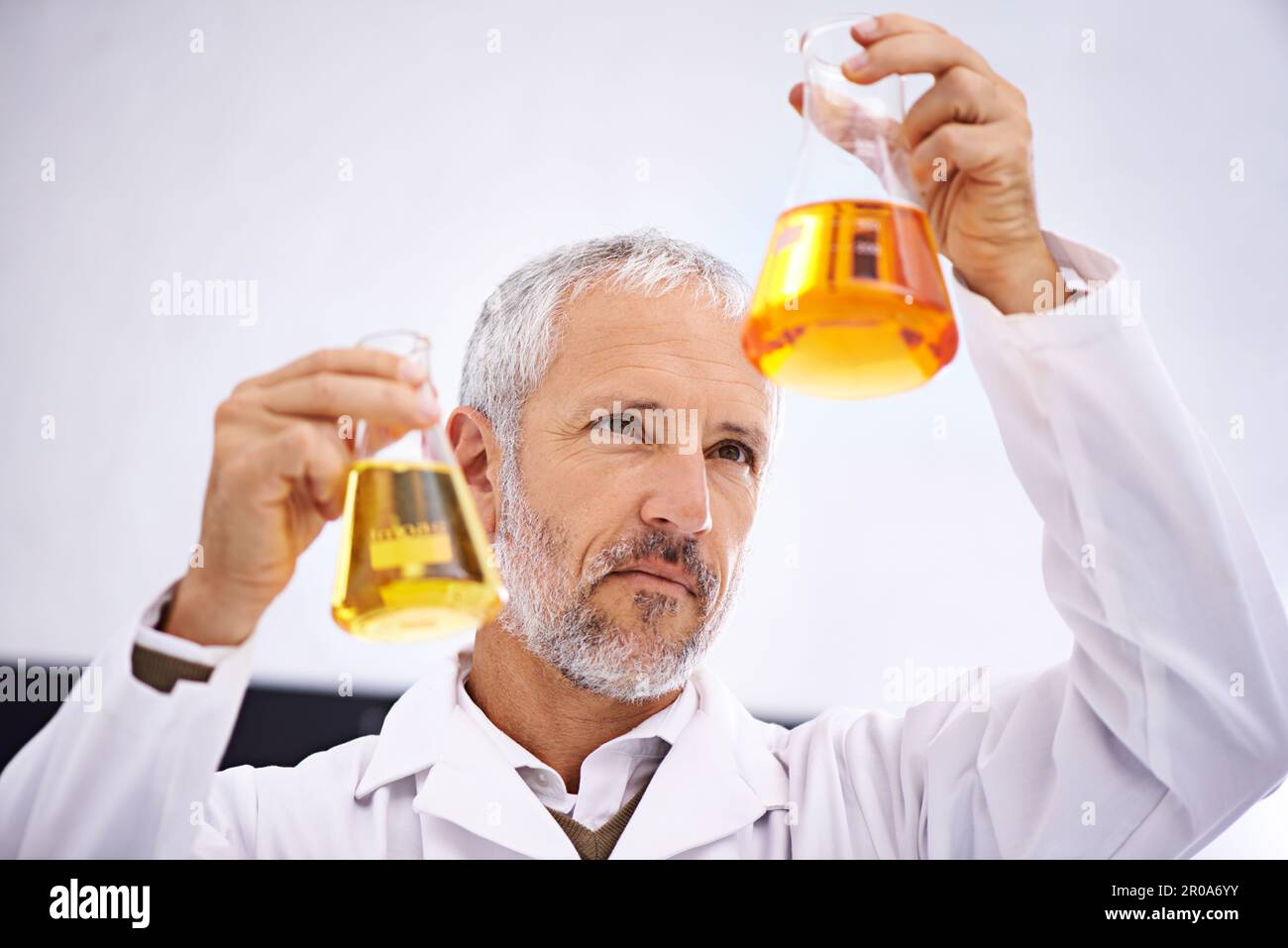 This looks promising. a mature male scientist examining the results of ...