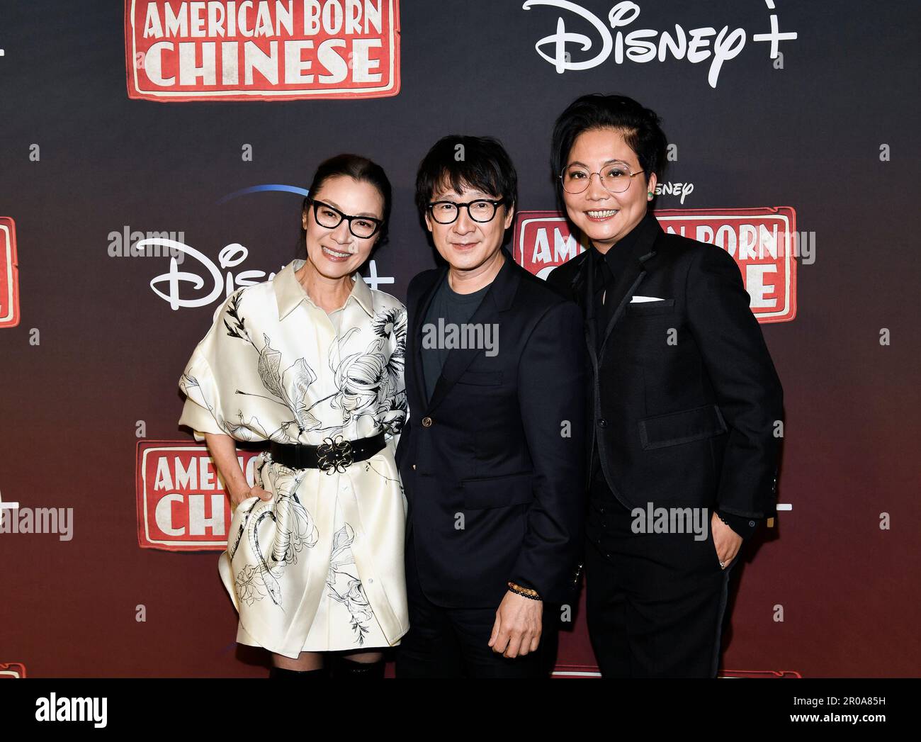 Michelle Yeoh, left, Ke Huy Quan and Echo Quan attend the premiere of the Disney+ original ...