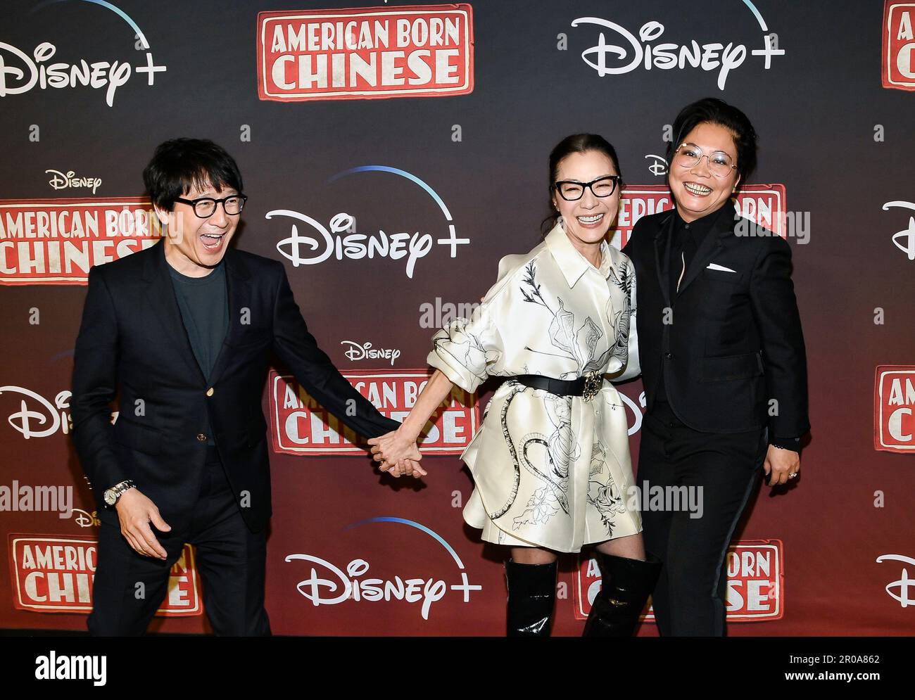 Ke Huy Quan, left, Michelle Yeoh and Echo Quan attend the premiere of ...