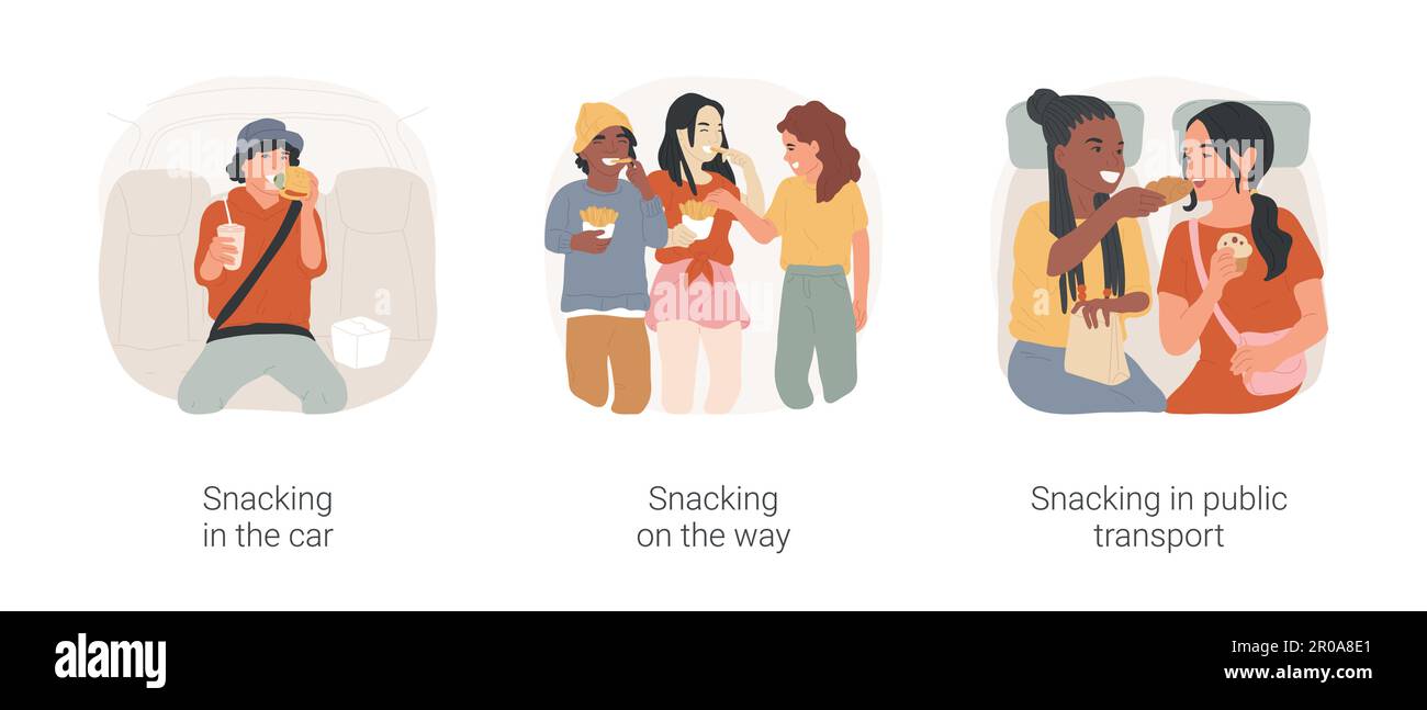 Snacking on the way isolated cartoon vector illustration set. Teenage ...