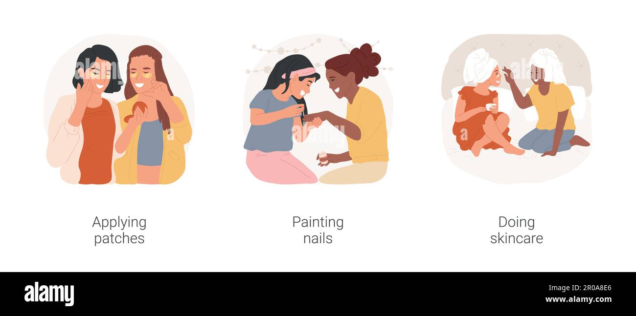 Girls beauty day isolated cartoon vector illustration set. Applying ...