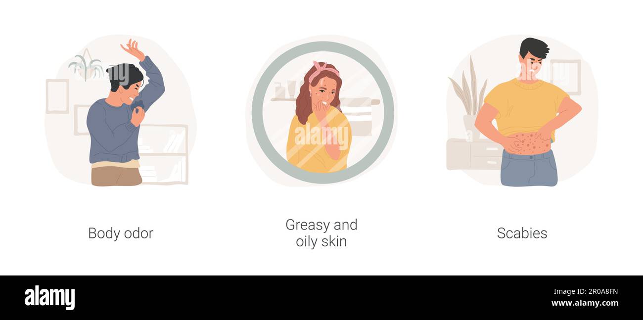 Lack of personal hygiene isolated cartoon vector illustration set. Body ...