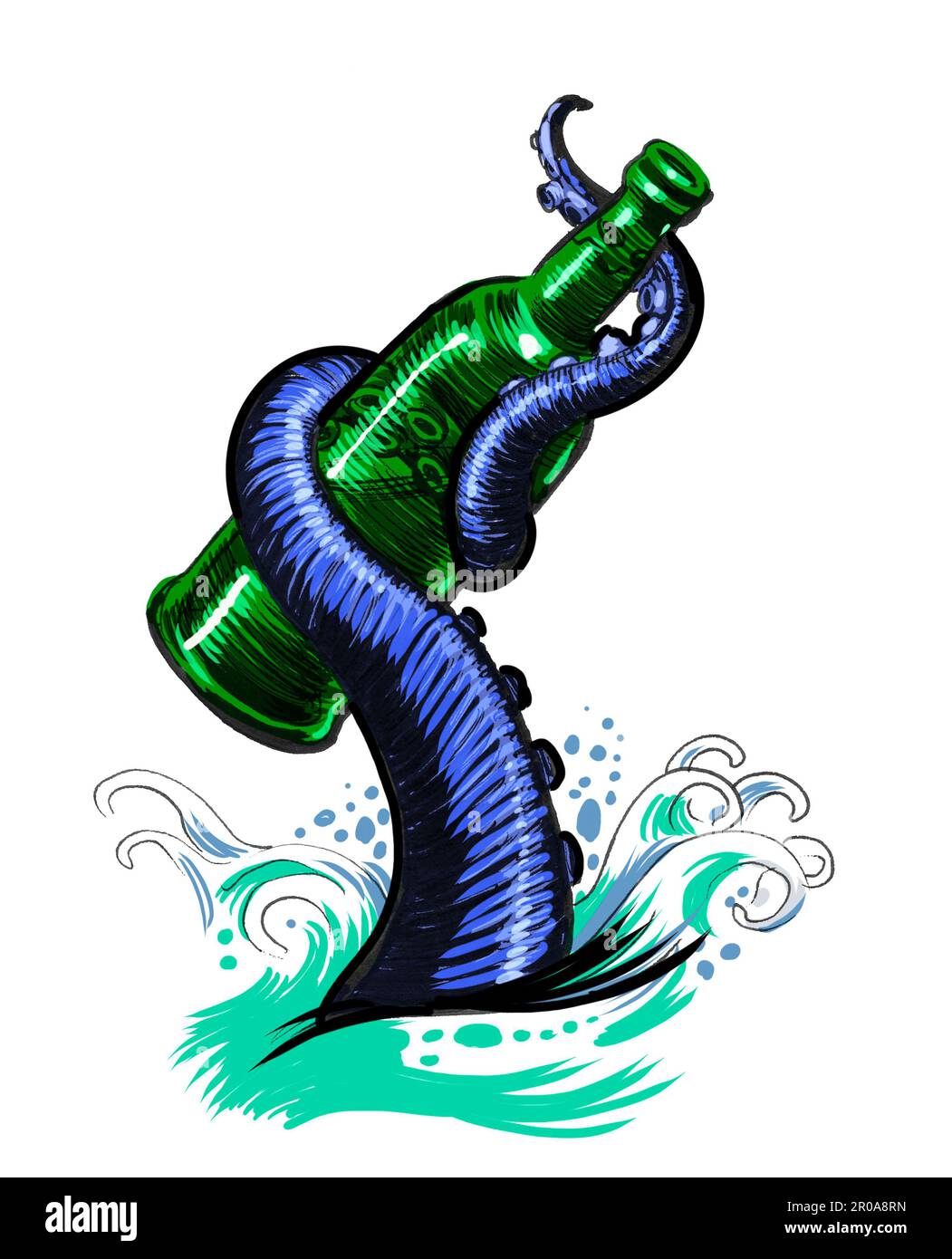 Octopus tentacle holding a bottle. Hand-drawn ink on paper and hand ...