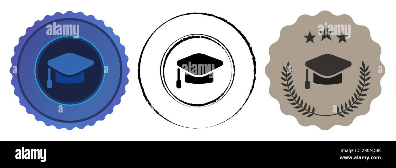 Academic education graduation cap hat medal blue black stamp round ...