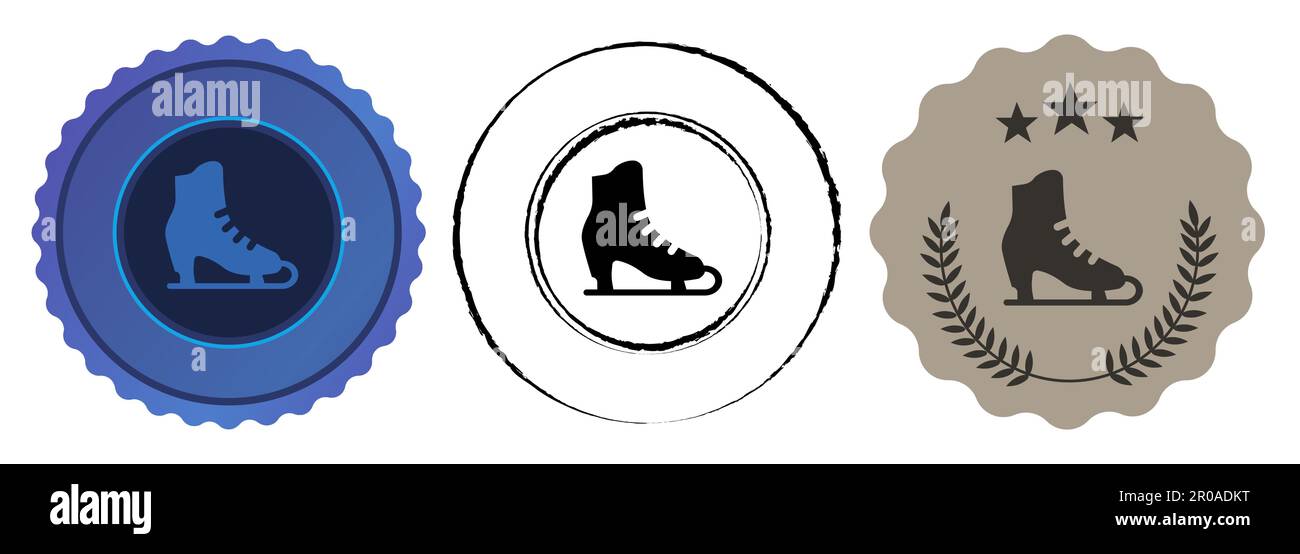 Ice skating figure skate shoes icon emblem medal medallion in flat blue ...
