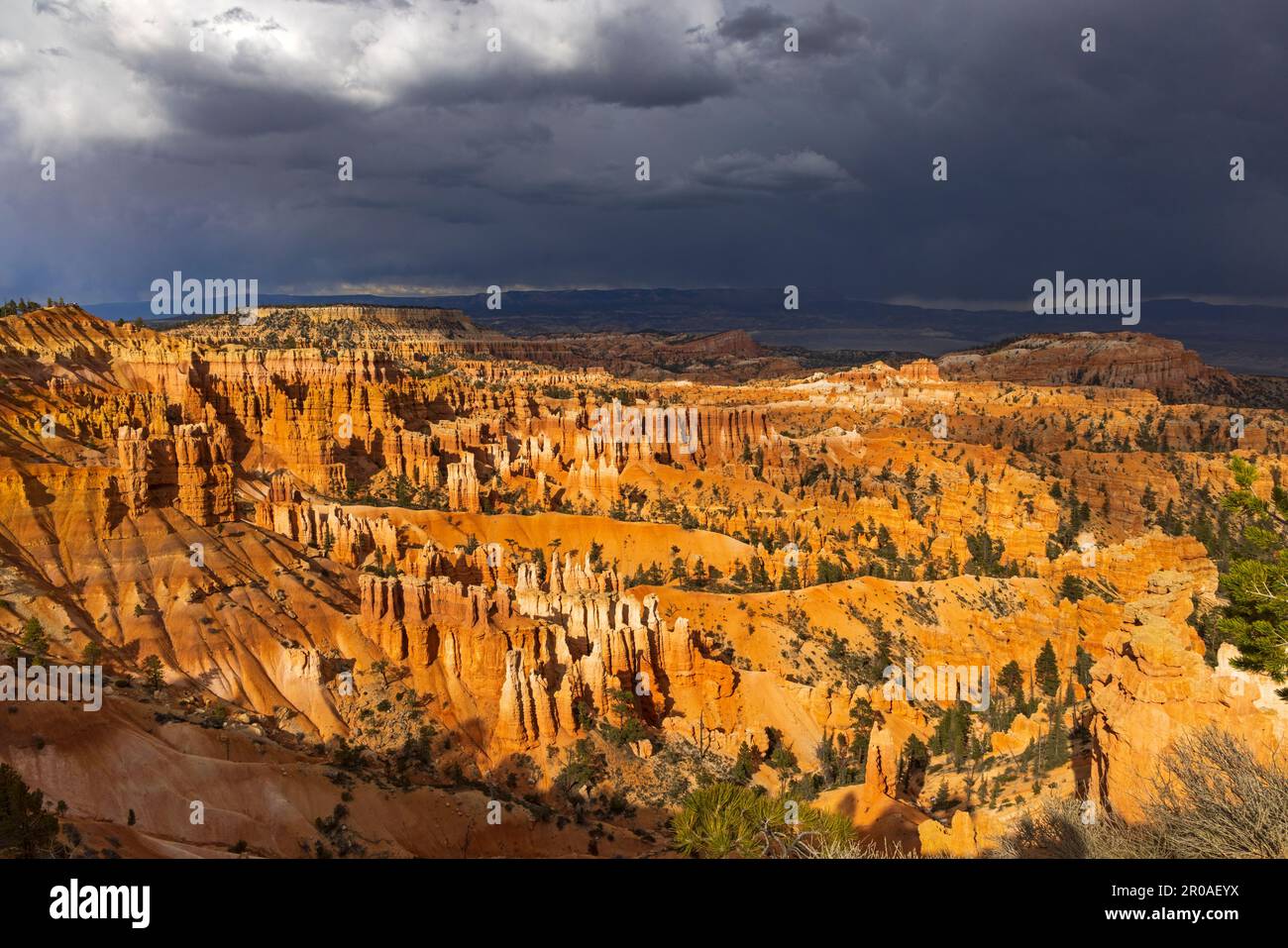 Dark clouds threaten from the east as the sun lights up the Bryce ...