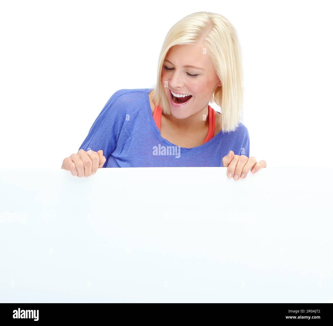 Large placard just for your product. A pretty young woman looking at a ...