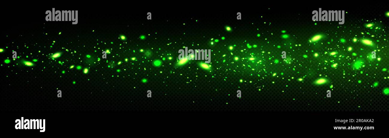 Green fireflies glowing on dark transparent background. Vector ...
