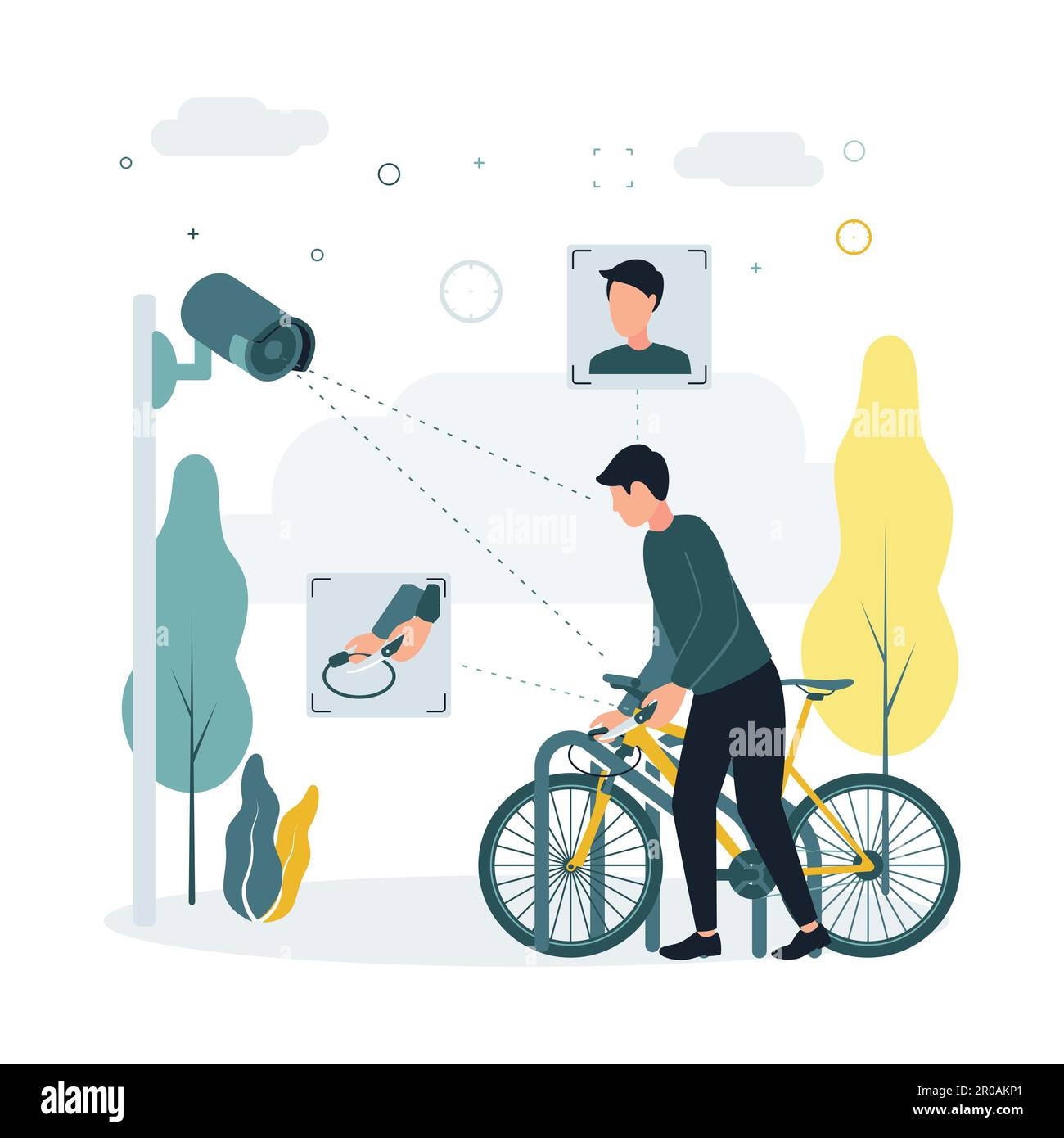 CCTV. Vector illustration a man steals a bicycle, a surveillance camera ...