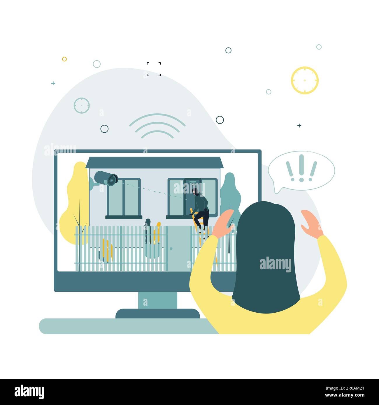 CCTV. Vector illustration a man robber in a mask climbs the window on ...