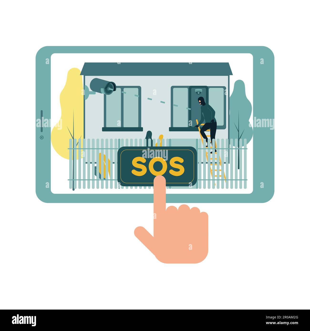 CCTV. A vector illustration of a masked robber climbing a window on a ...