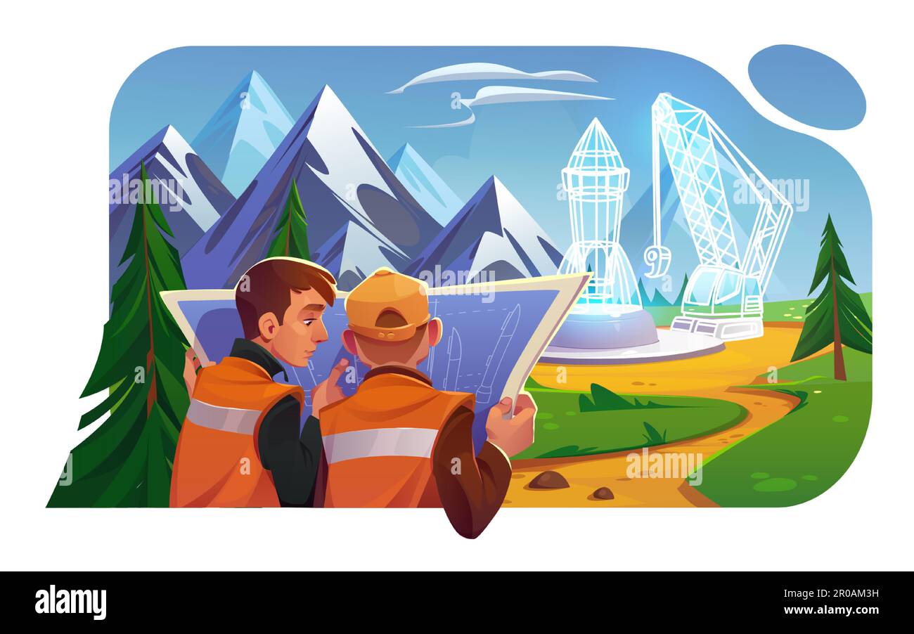 Two male engineers working at rocket construction site. Vector cartoon ...