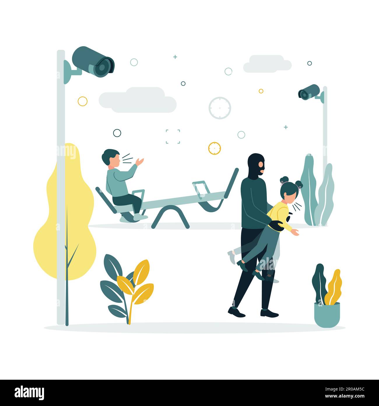 CCTV. Vector illustration in a kindergarten on the playground, a boy on ...