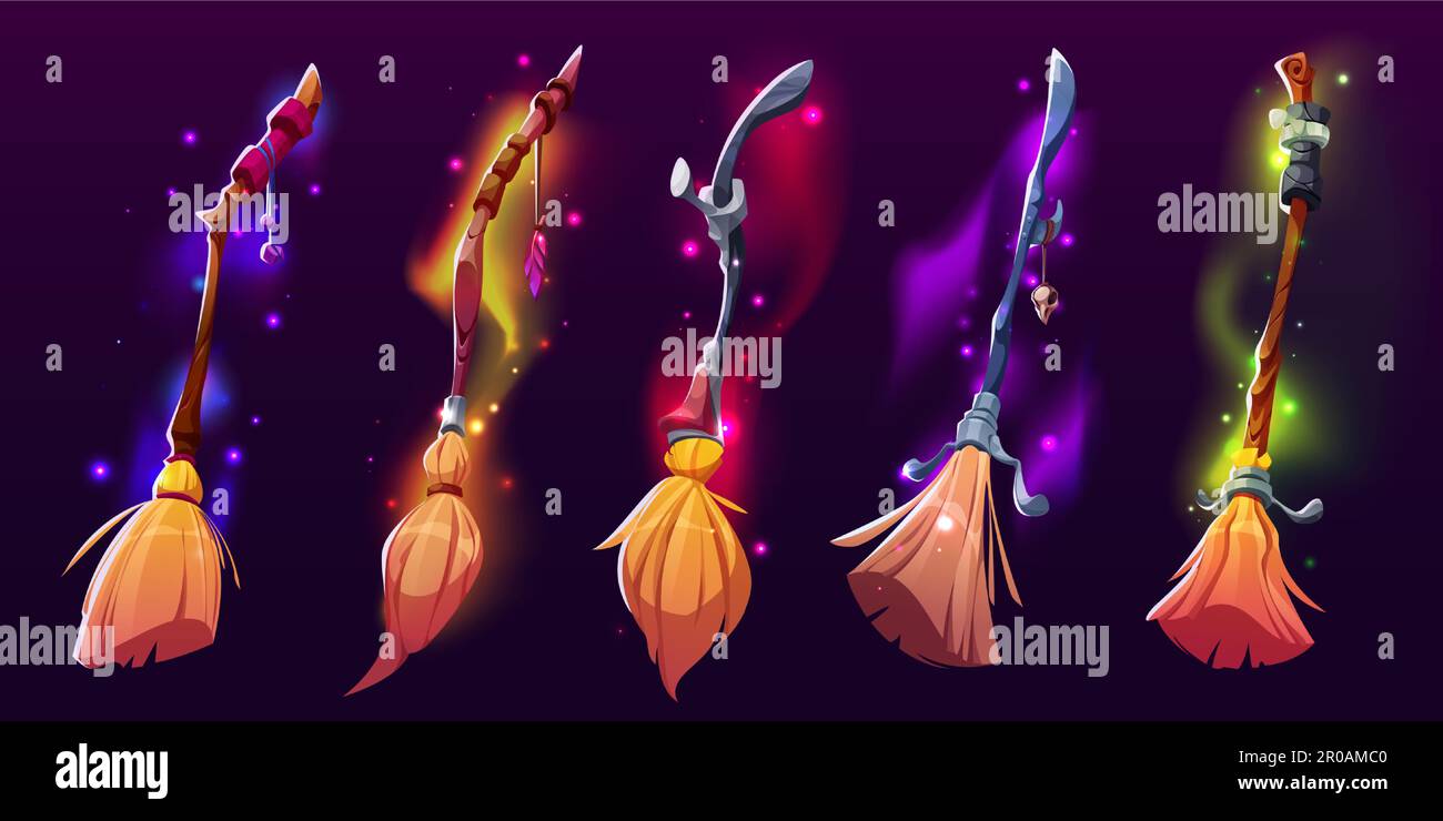 Set of vector magic witch broom clipart for fantasy game cartoon ...