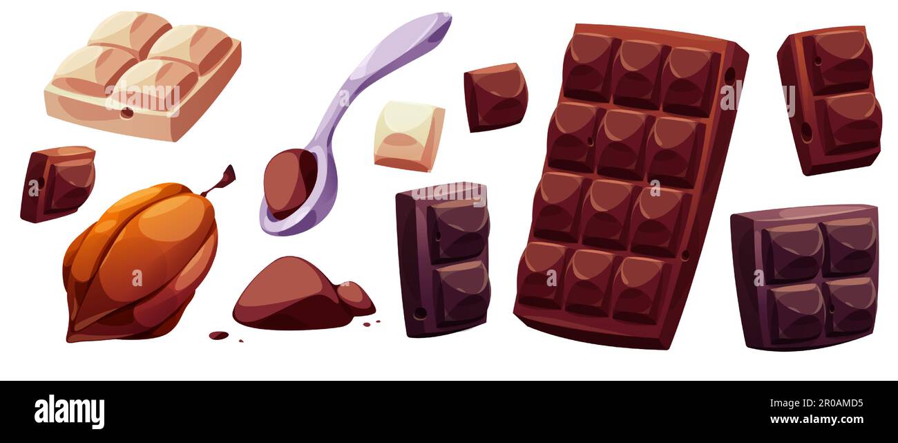 Dark, milk and white chocolate bar pieces, cocoa beans and powder ...