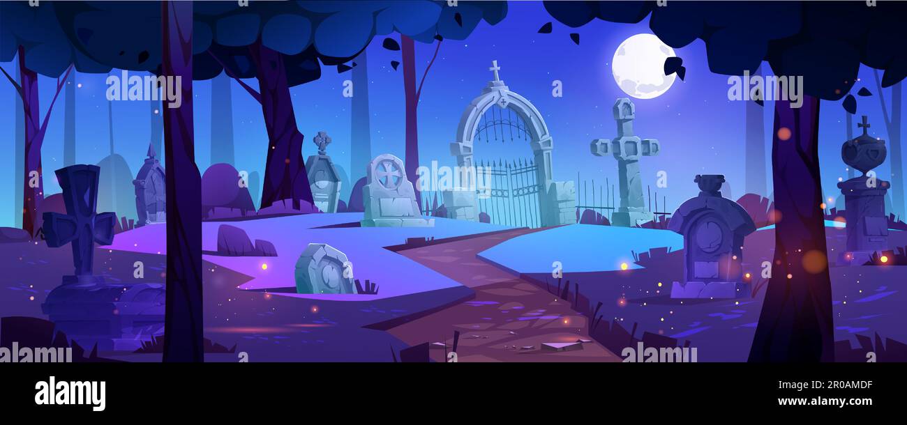 Old gothic cemetery at night. Vector cartoon illustration of ancient ...