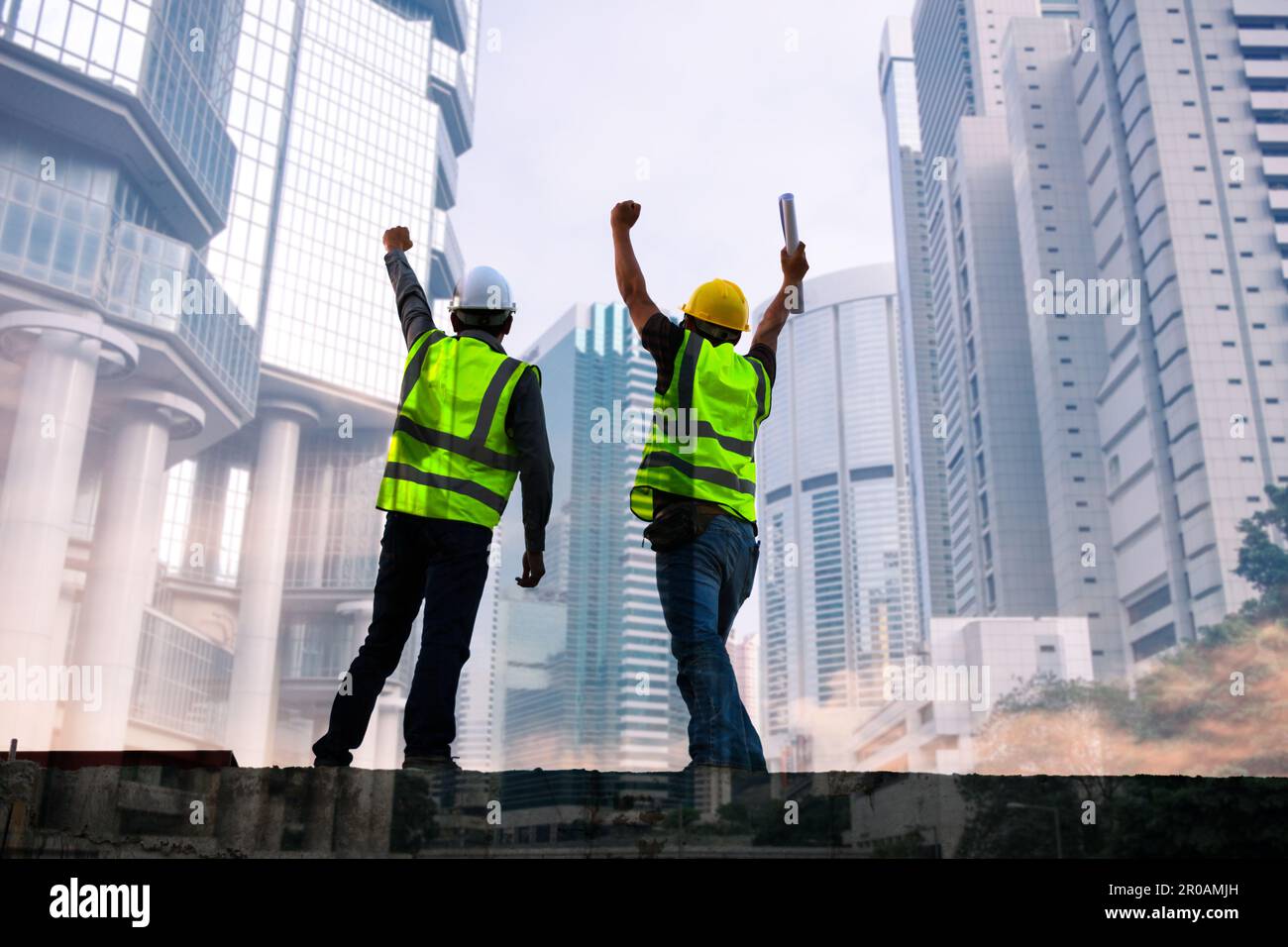 Double exposure image of engineer civil and construction worker with ...
