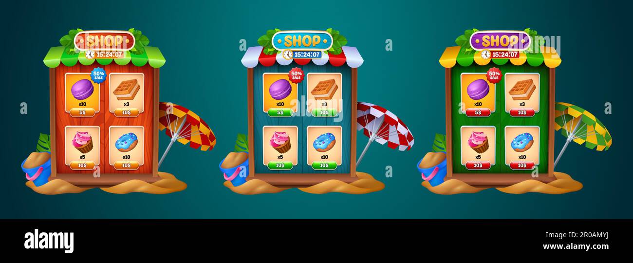 Summer ui game shop frame button with sweets icon. Mobile wood store ...
