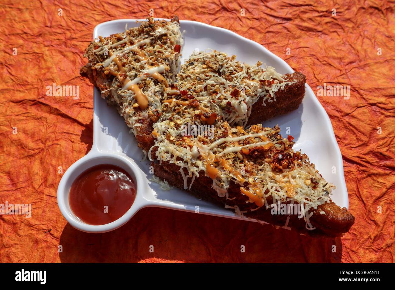 Open cheese Sandwich toast with pizza topping and Mayo cheese Stock ...