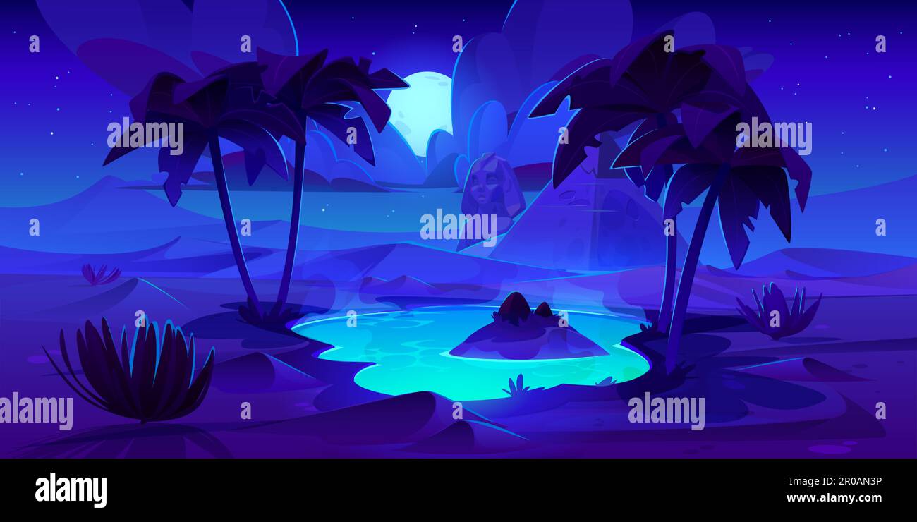 Night egypt desert with oasis vector landscape. Palm tree and water in ...
