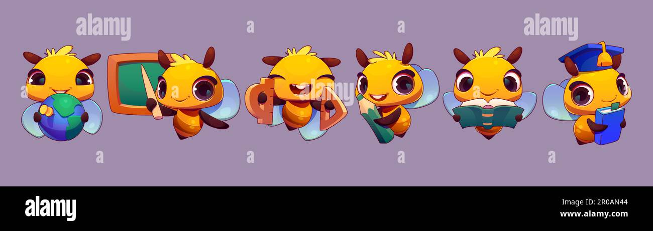 Cute bee school happy mascot with book and pencil. Kindergarten ...