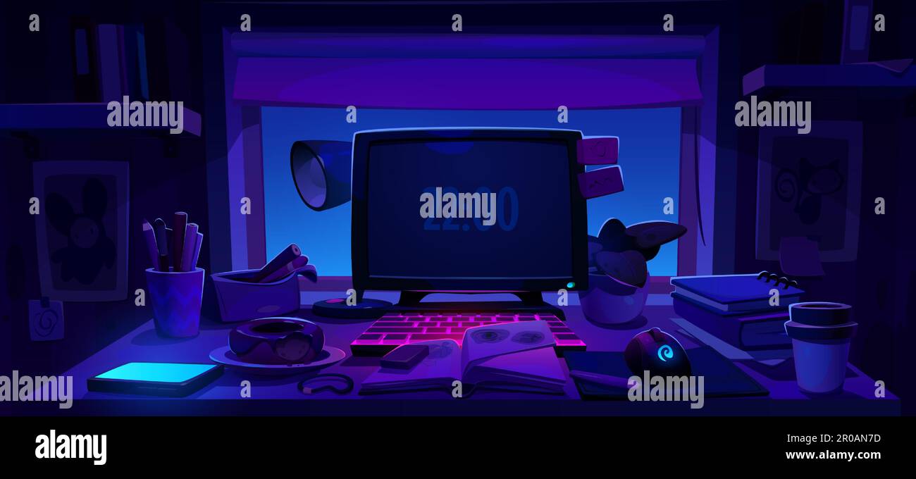 Home office workplace desk near window at night. Table workplace in ...