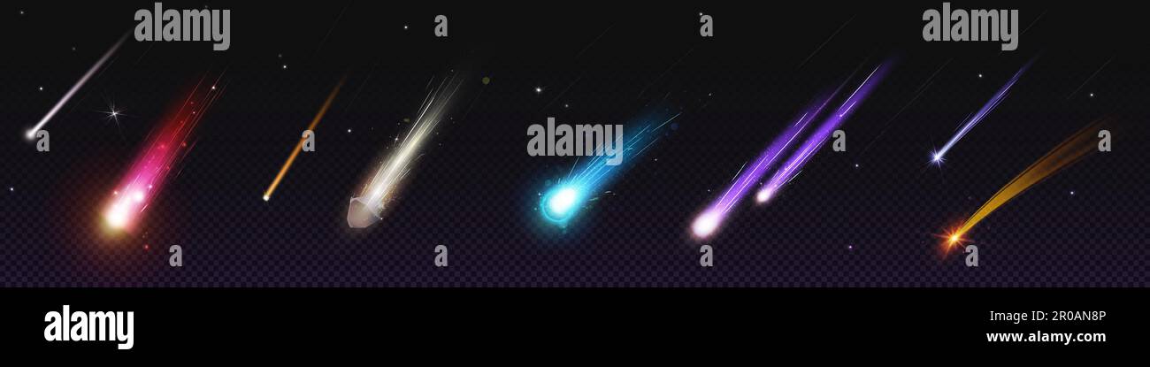 Comet and meteoroid fall speed trail galaxy vector set. 3d meteor ...