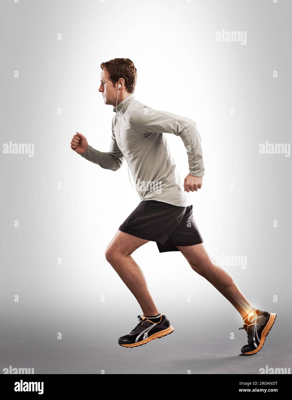 Man running, fitness and ankle pain with overlay, exercise injury and ...