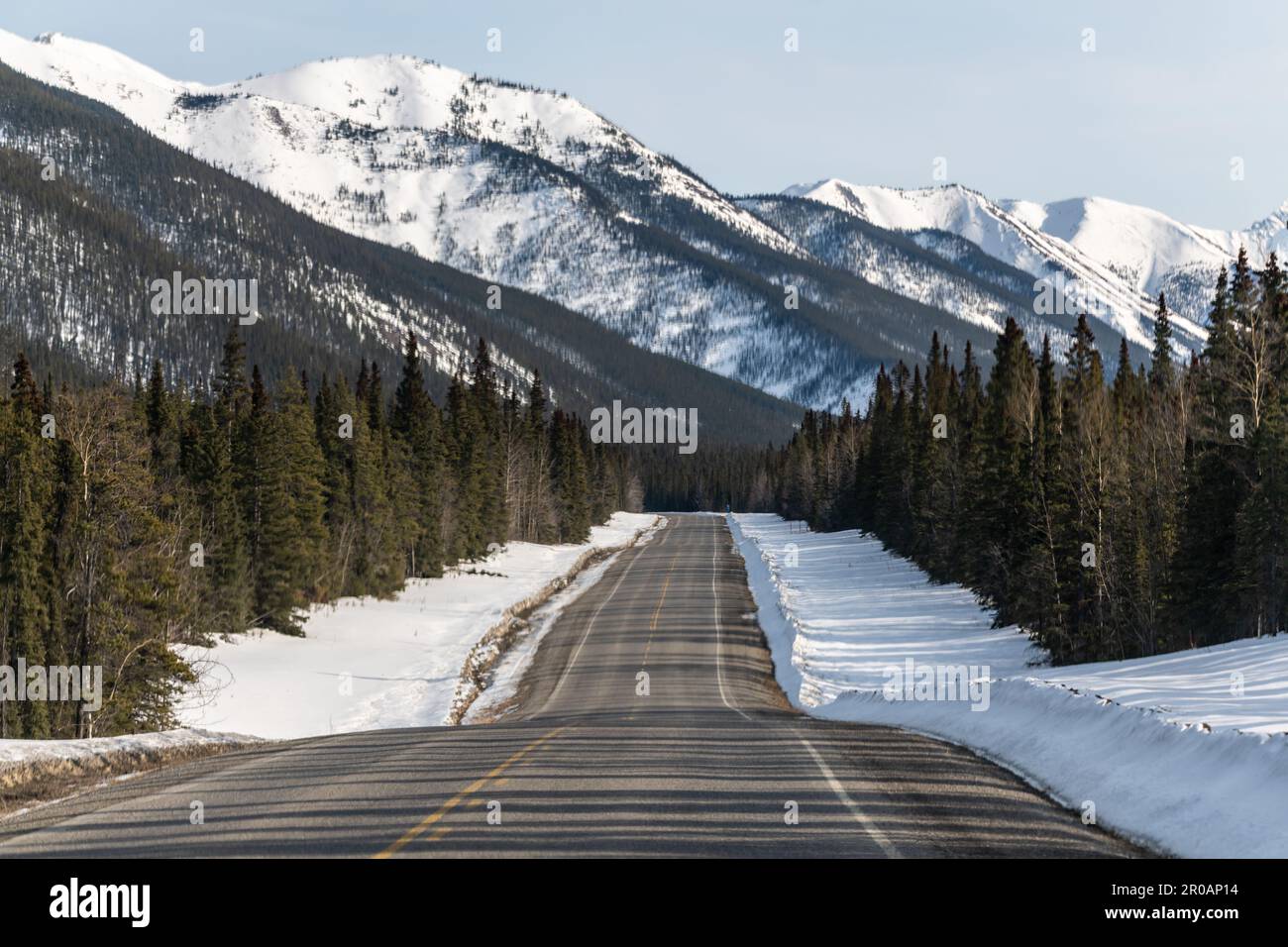Road trip views along the Alaska Highway during early spring time with ...