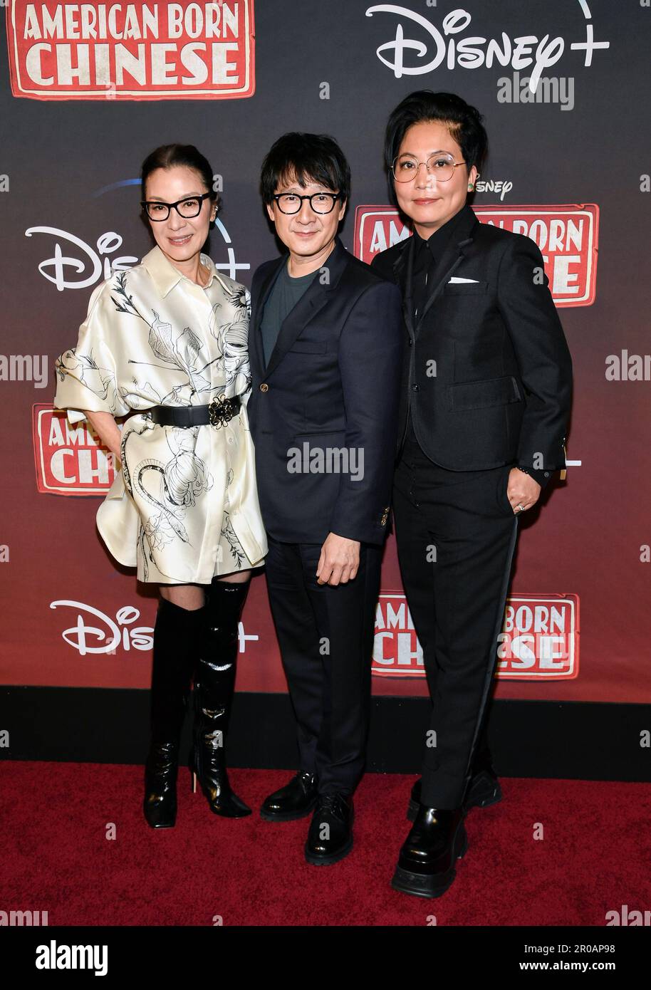 Michelle Yeoh, left, Ke Huy Quan and Echo Quan attend the premiere of the Disney+ original ...