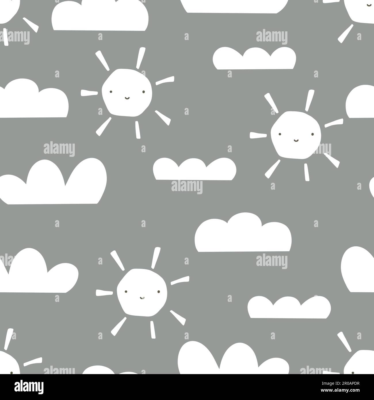 Vector hand-drawn color seamless pattern with cute smiling sun and ...
