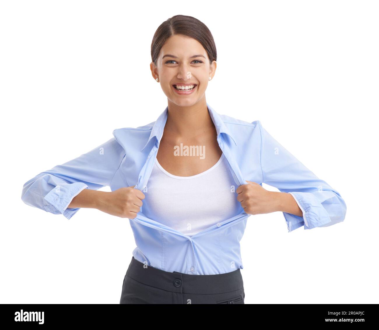Shes a business superehero. a businesswoman ripping open her shirt to ...