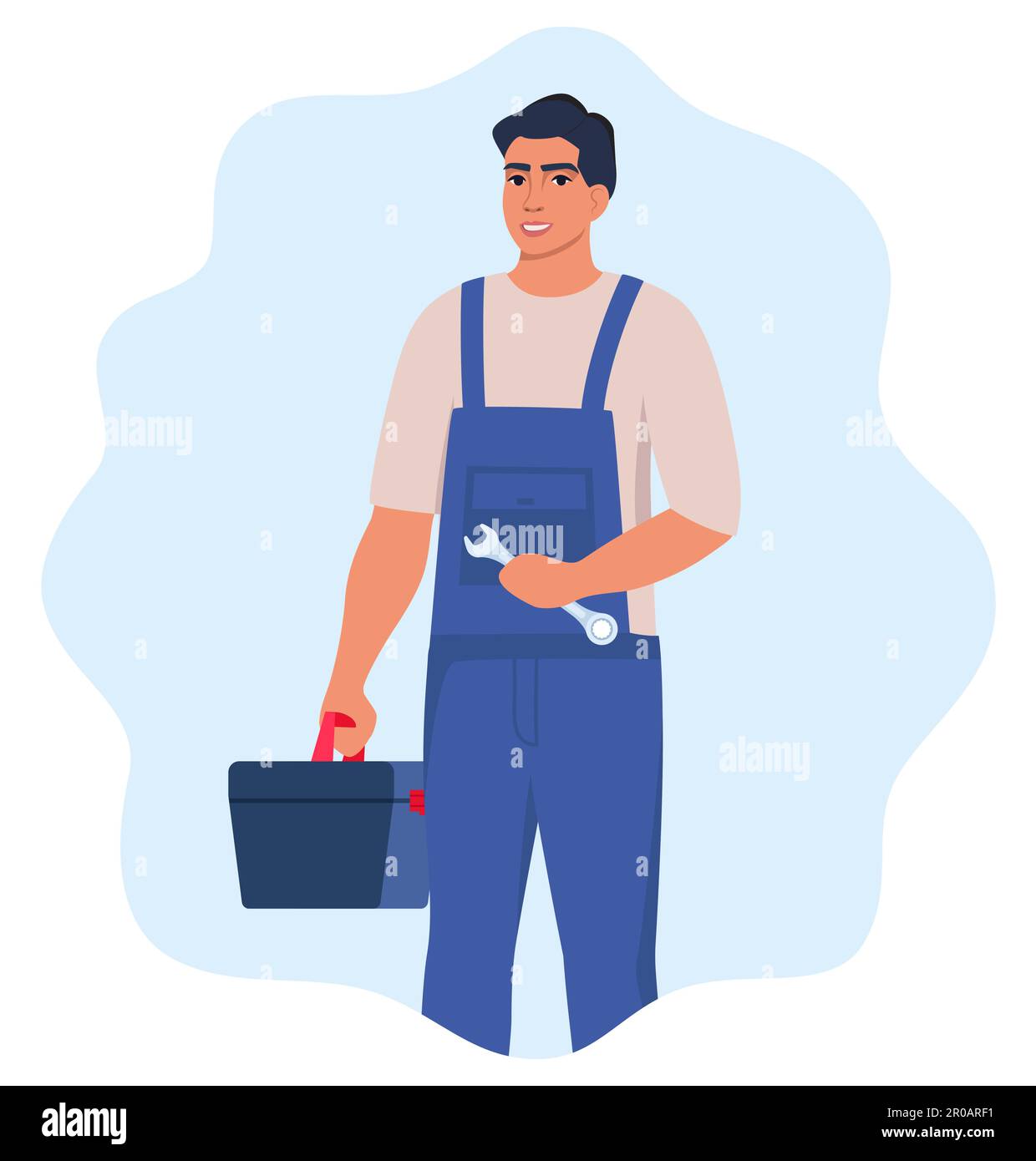 Repairman or mechanic with a toolbox. Man character in uniform with ...