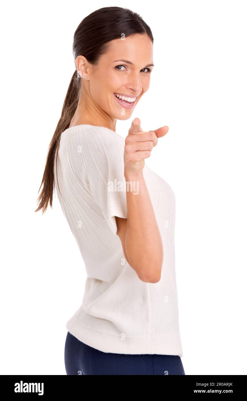 She points the way...An attractive woman standing and pointing at the ...