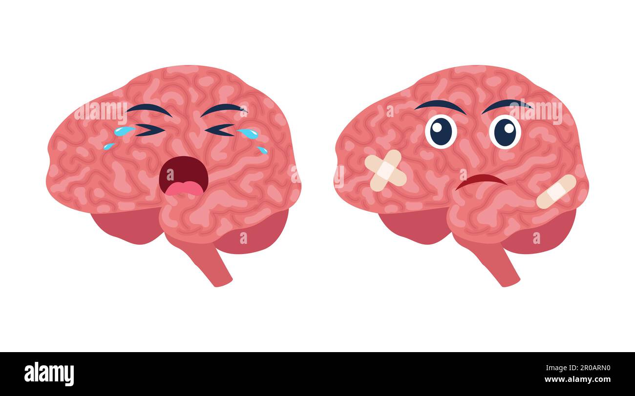 Sick brain with pain ache or disease. Sad cartoon character brain, body ...