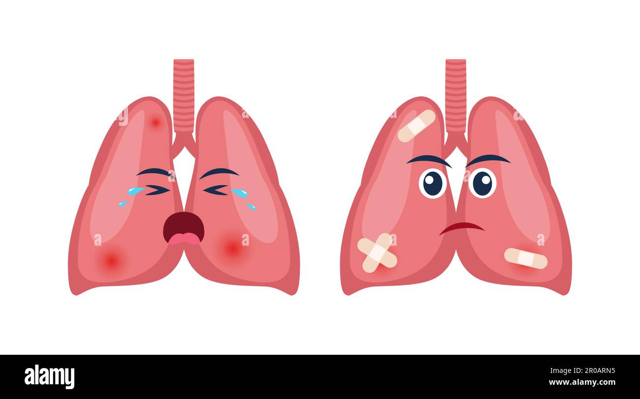 Sick lungs with pain ache or disease. Sad cartoon character lungs, body ...