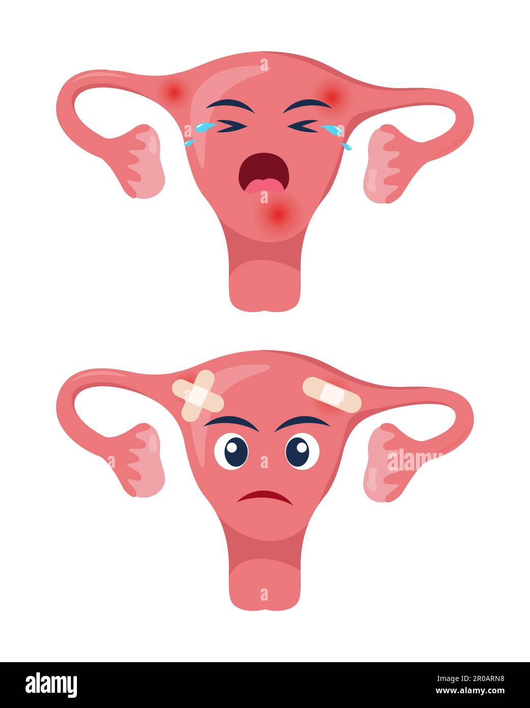 Sick uterus with pain ache or disease. Sad cartoon character uterus ...