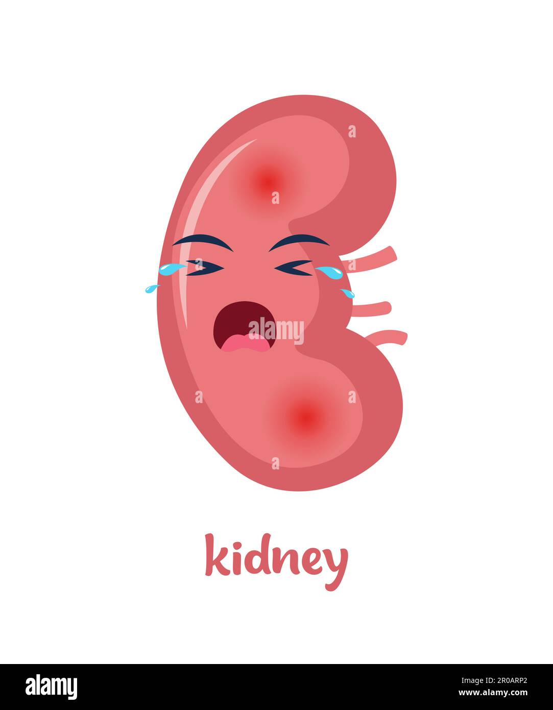 Sick kidney with pain ache or disease. Sad cartoon character kidney ...