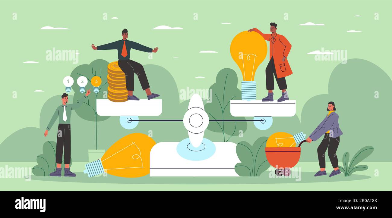 Analog commodity scales. Employees team weighs ideas and money in ...