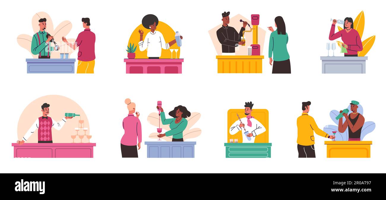 Bartender work. People order drinks and cocktails. Professional characters. Alcohol sellers with ...