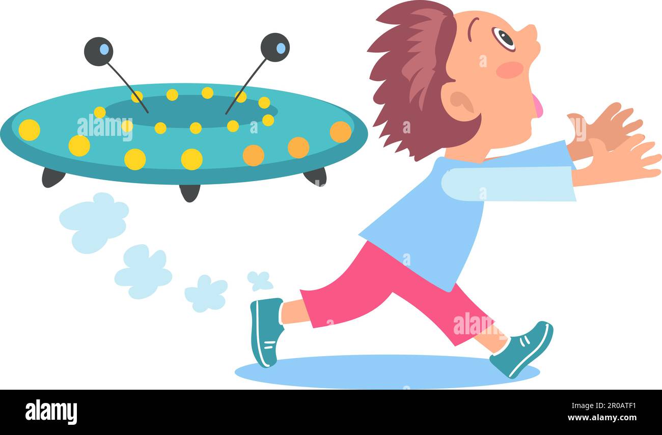 Kids fear. Frightened boy afraid of UFO. Children phobia. Scared ...