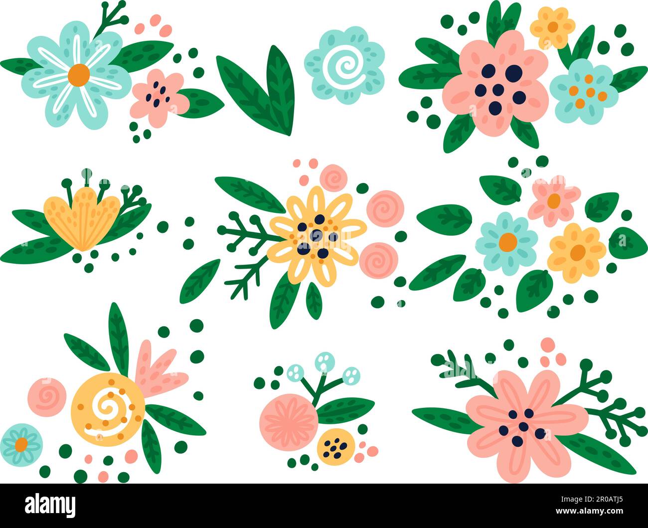 Cartoon flowers. Doodle blooming forest plants. Field or garden ...