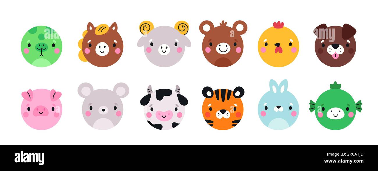 Cartoon funny animals round faces. Fauna avatars. Circle shapes app ...