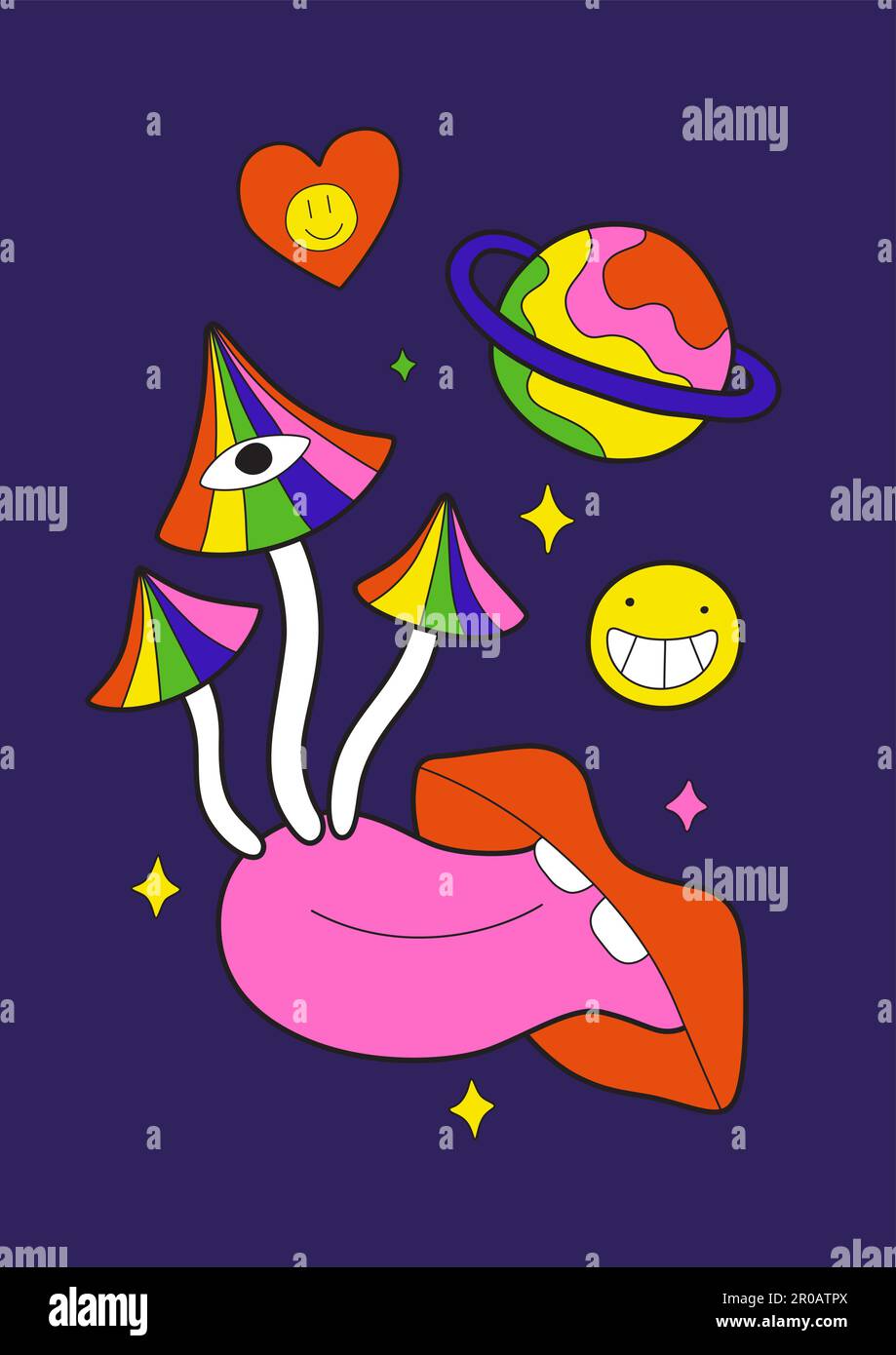 Psychedelic poster. Surreal 60s card. Funny mouth with tongue. Space ...