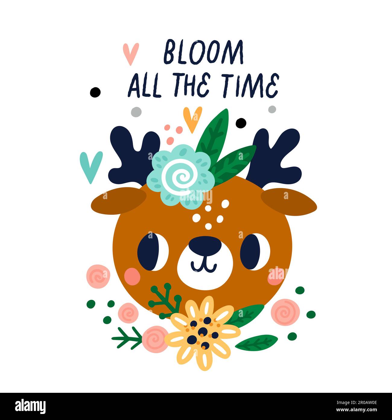 Cute animals card. Cartoon bear face with floral wreath. Spring and ...