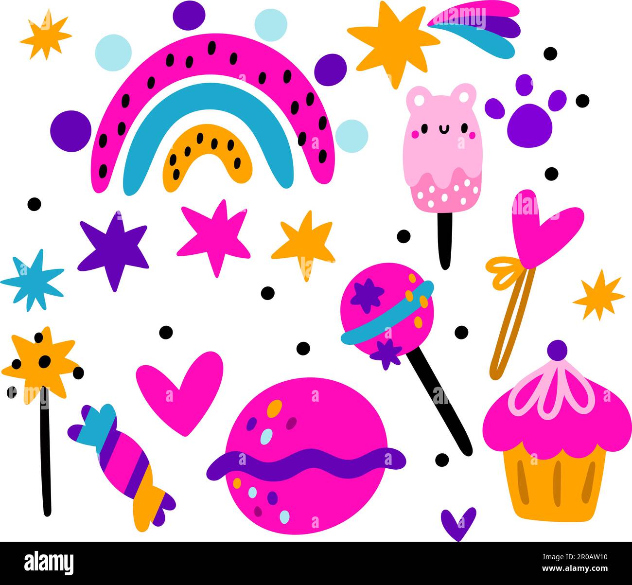 Cute unicorn sweets. Cartoon desserts. Colorful rainbow and stars ...