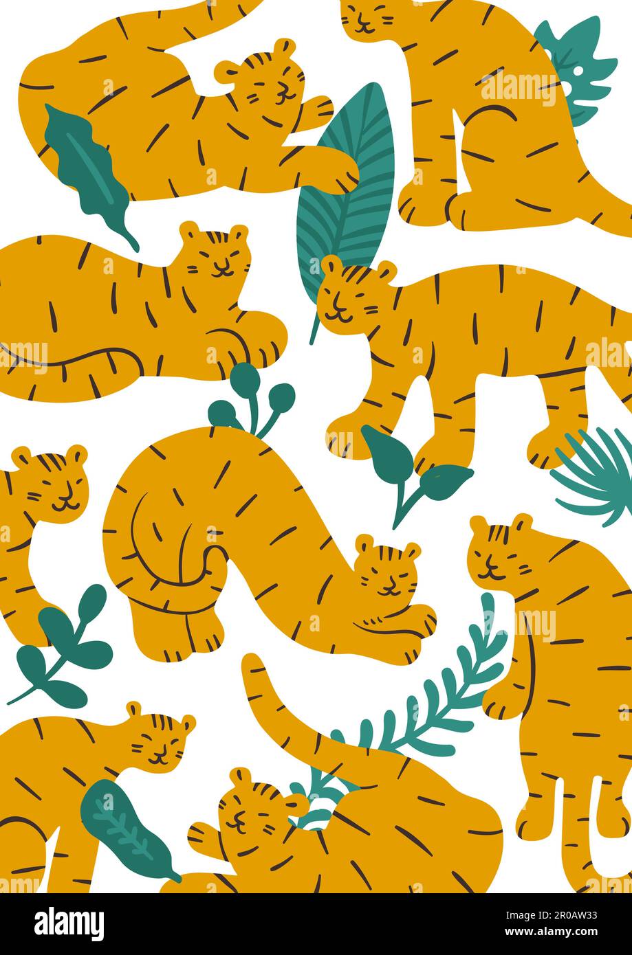 Leopards and tigers card. Wild animals. Jungle feline predators. Palm ...